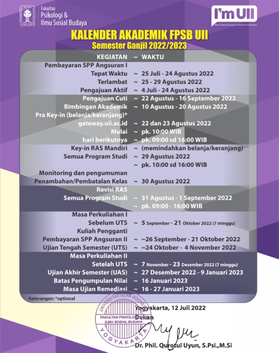 Kalender AKademik Semester Ganjil TA 2022/2023 - Fakultas Psikologi dan Ilmu Sosial Budaya